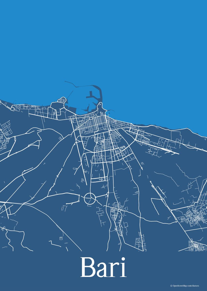 'Bari Italy Blue Map' Poster by Mappingz | Displate