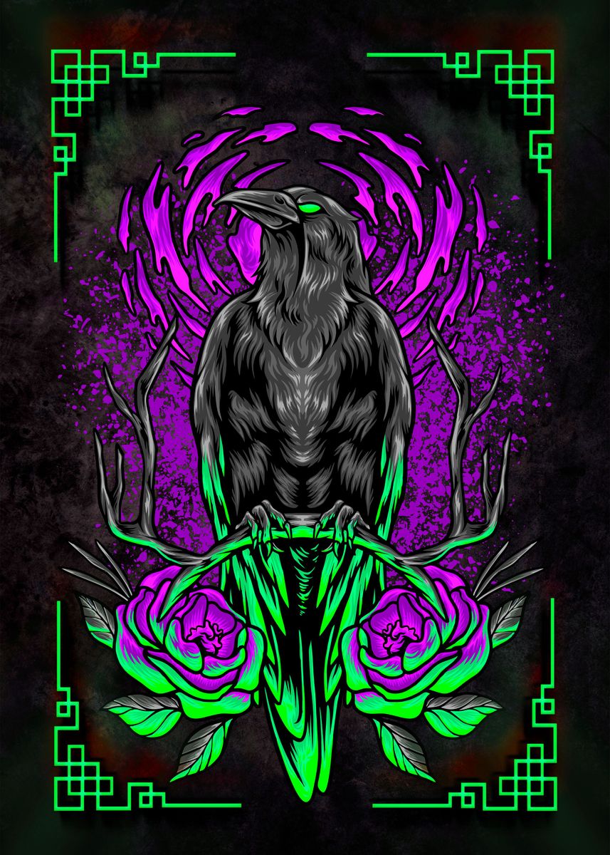 'Neon Crow' Poster, picture, metal print, paint by Modi Szabolcs | Displate