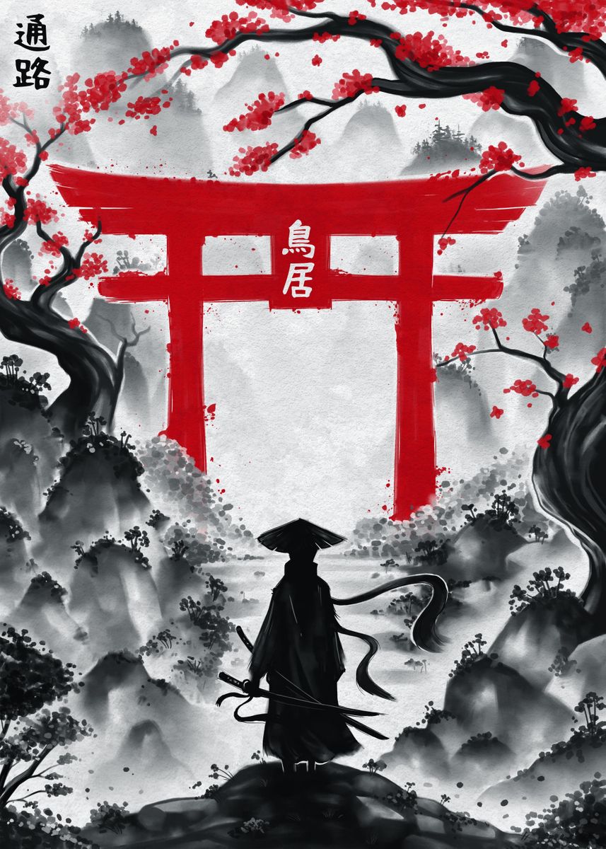 'Japanese Torii Ink Wash' Poster, picture, metal print, paint by B ...