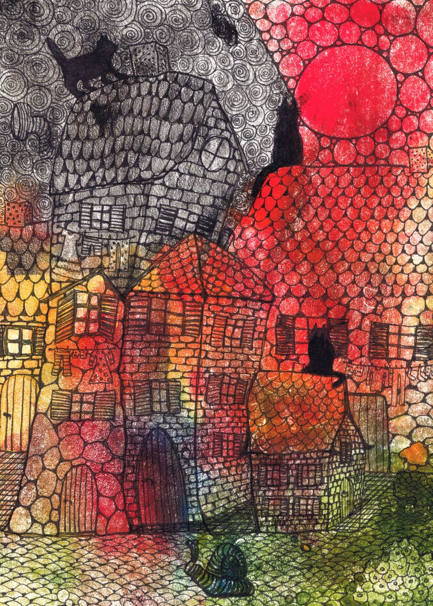 'Red moon and cats' Poster, picture, metal print, paint by Karina J ...