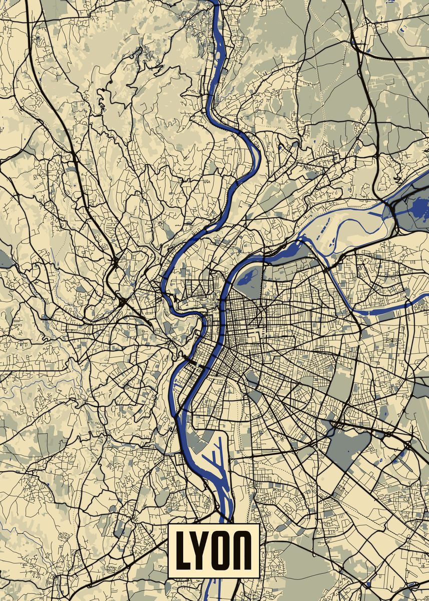 'Lyon Map' Poster, picture, metal print, paint by Sam Kal | Displate