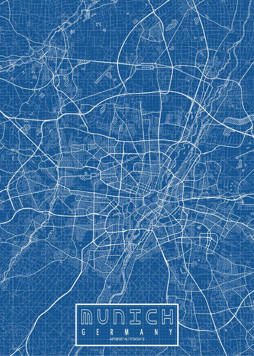 'Munich City Map Blueprint' Poster, picture, metal print, paint by ...