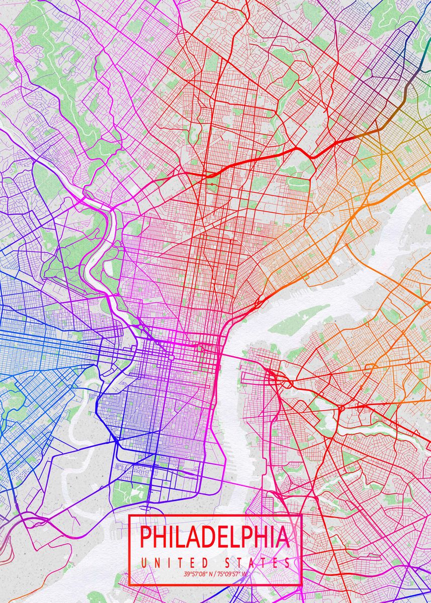 'Philadelphia Map Colorful' Poster, picture, metal print, paint by ...