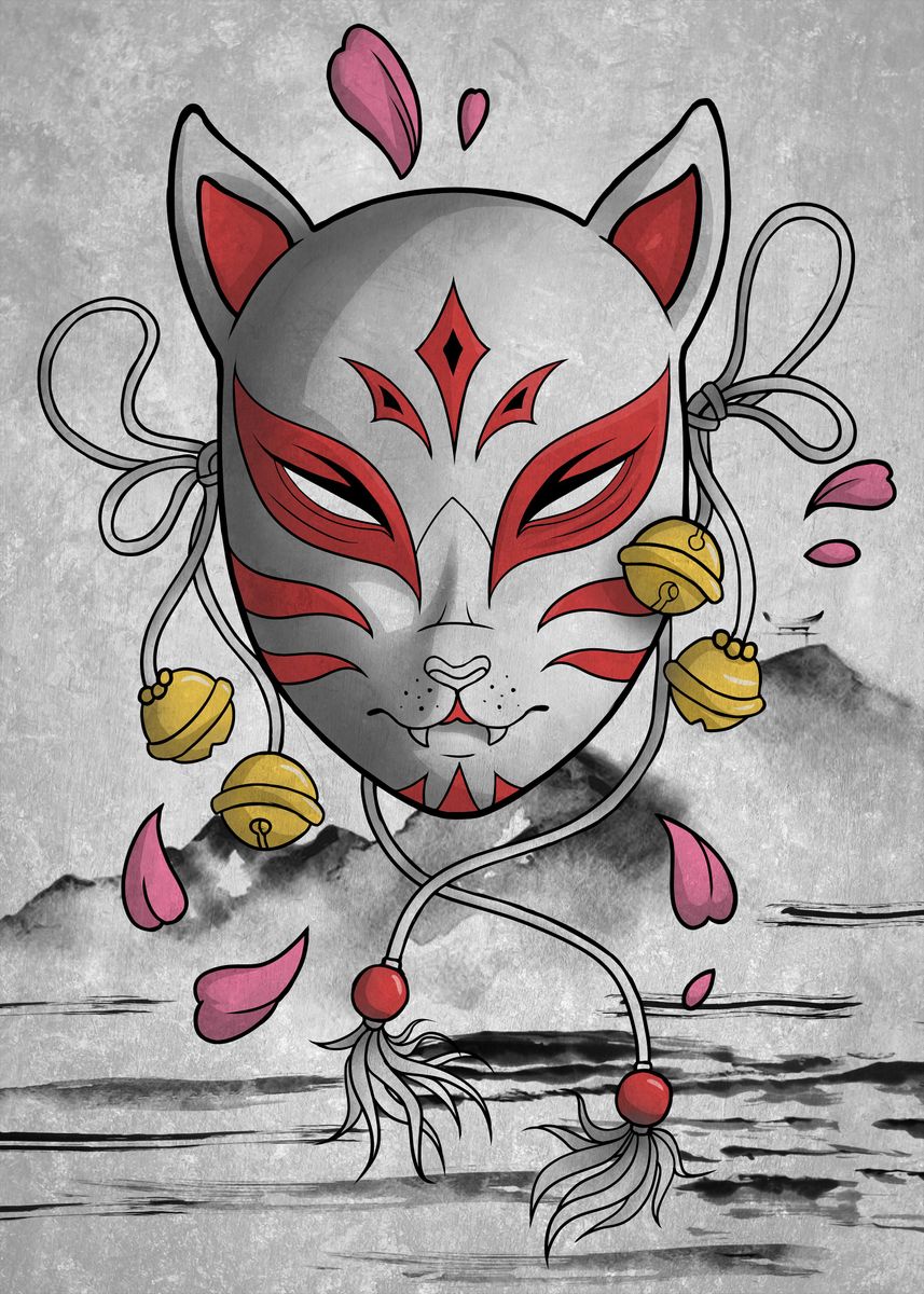 'Japanese Art Mask Cat' Poster, picture, metal print, paint by Qreative ...