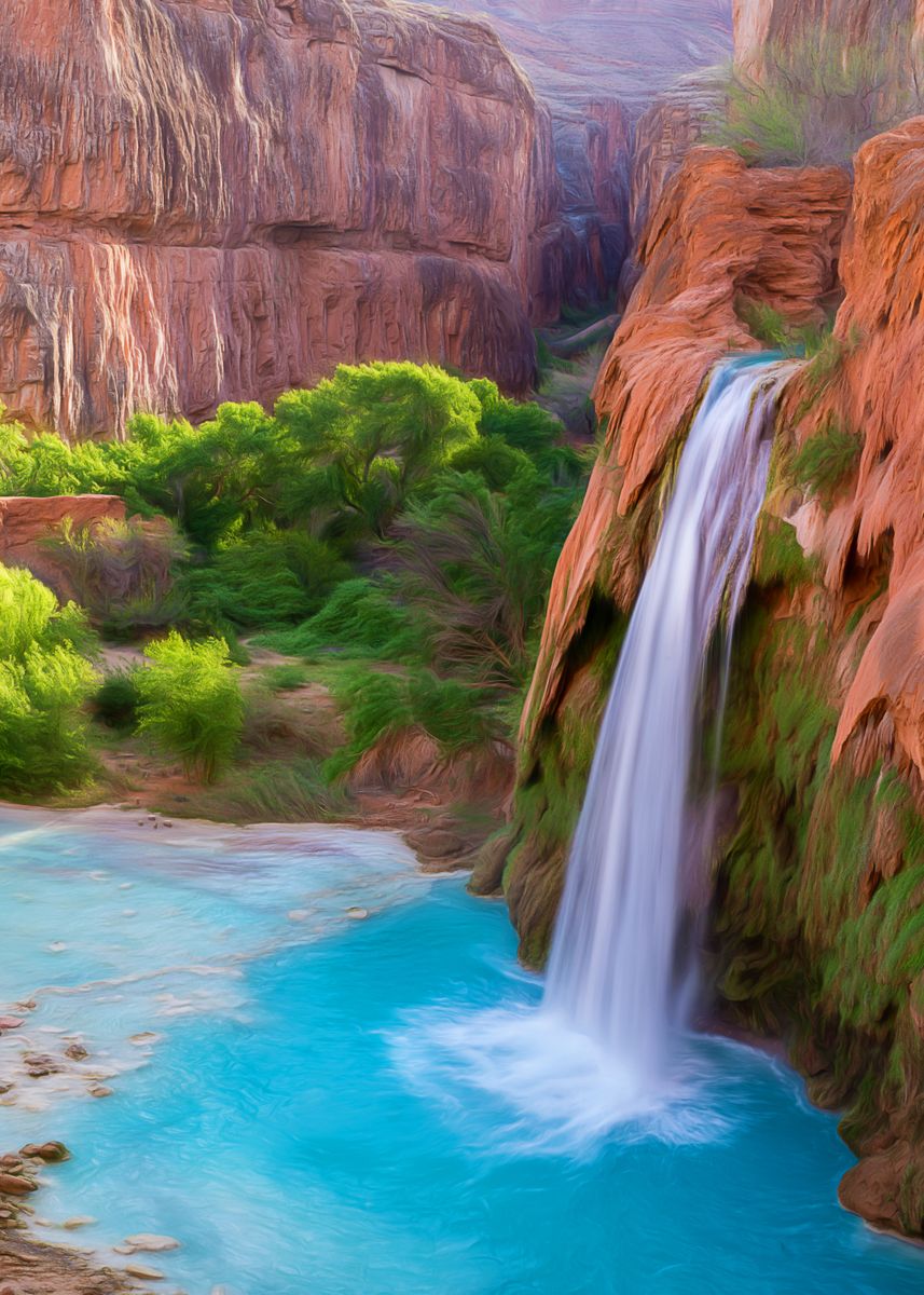 'Desert Waterfall Landscape' Poster, picture, metal print, paint by ...