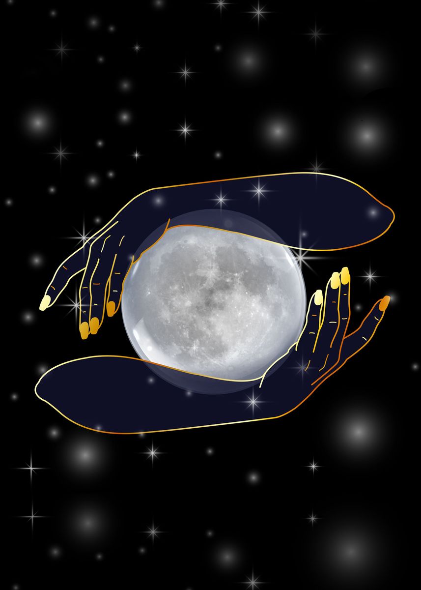 ' Hands holding full moon' Poster, picture, metal print, paint by ...