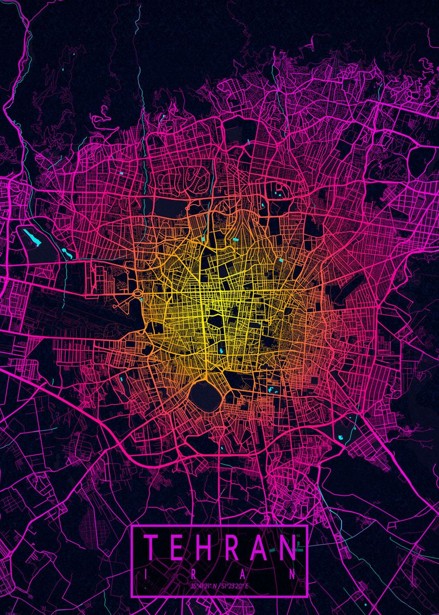 'Tehran City Map Neon' Poster, picture, metal print, paint by deMAP ...