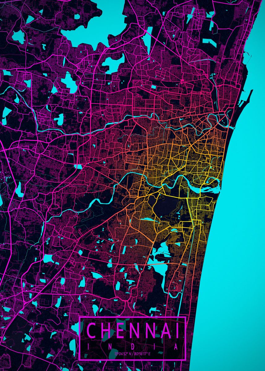 'Chennai City Map Neon' Poster, picture, metal print, paint by deMAP ...
