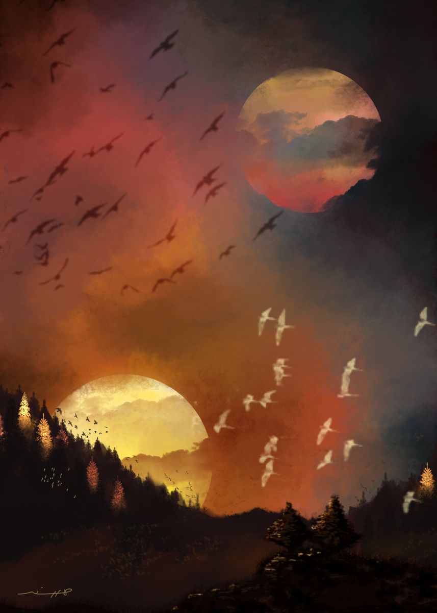 'Binary Sunset' Poster, picture, metal print, paint by Hind Boucherit | Displate