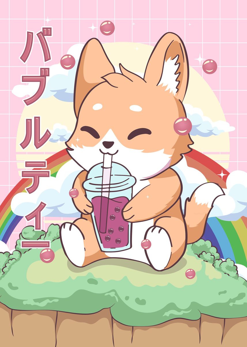 'Kawaii Fox Boba Tea' Poster, picture, metal print, paint by ...