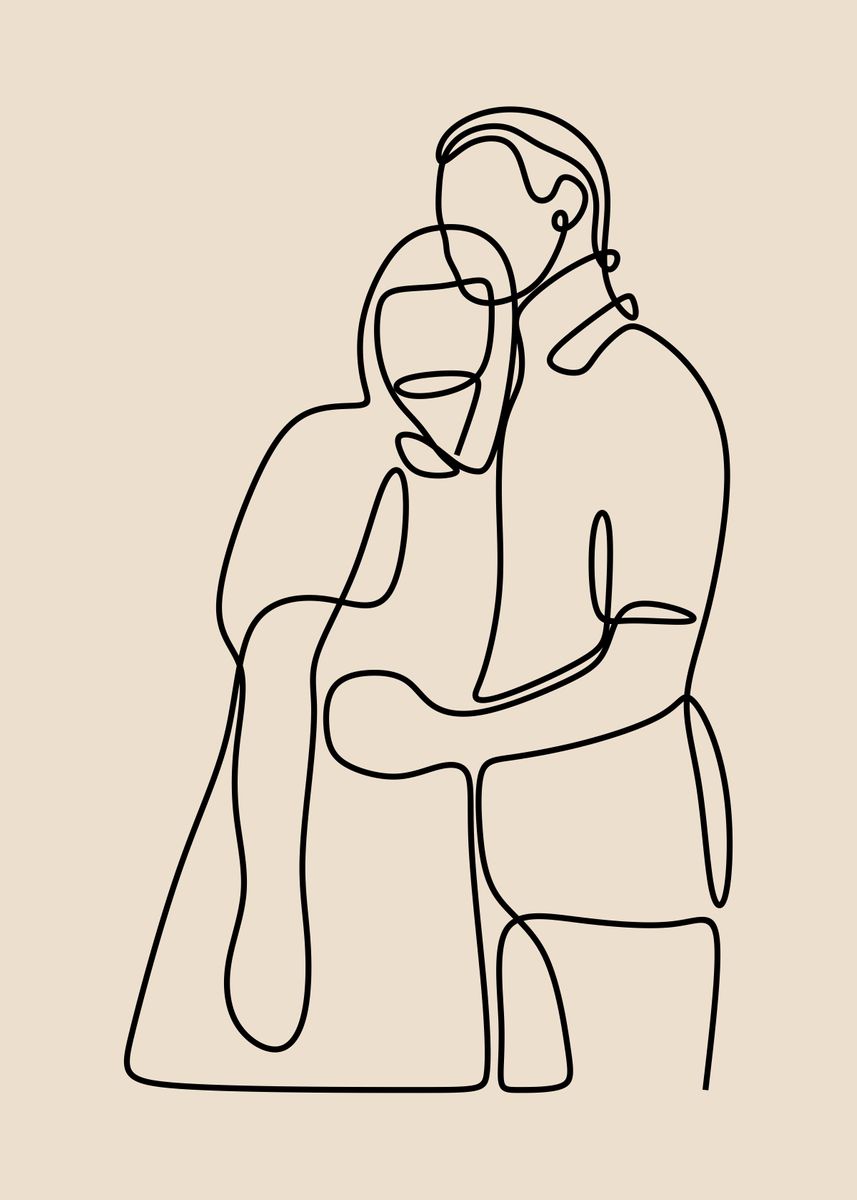 'Couples hug one line art' Poster, picture, metal print, paint by Human ...