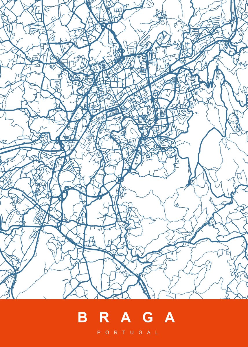 'BRAGA Map PORTUGAL' Poster, picture, metal print, paint by UrbanMaps ...