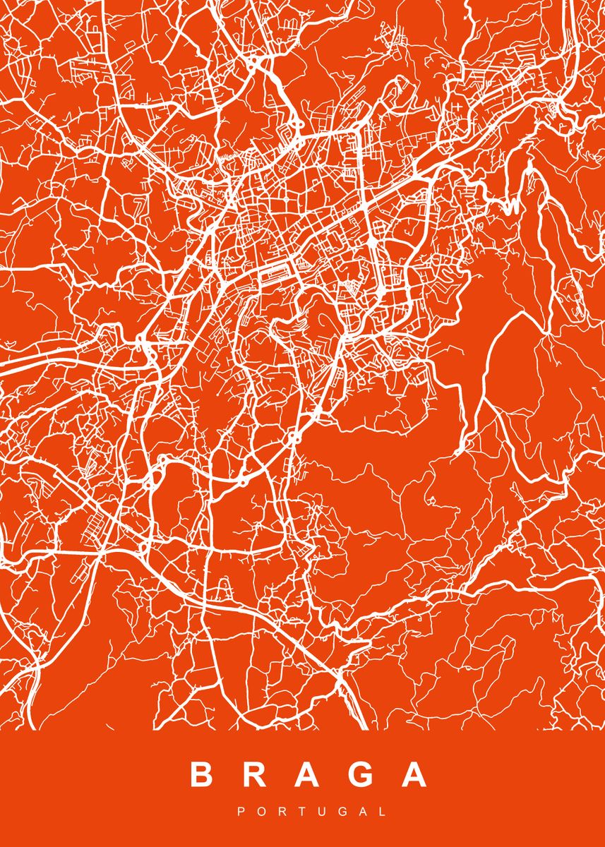 'BRAGA Map PORTUGAL' Poster, picture, metal print, paint by UrbanMaps ...