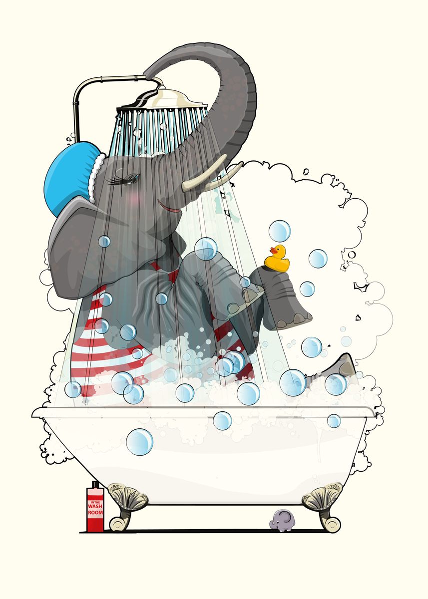 'Elephant in the Bath' Poster, picture, metal print, paint by ...