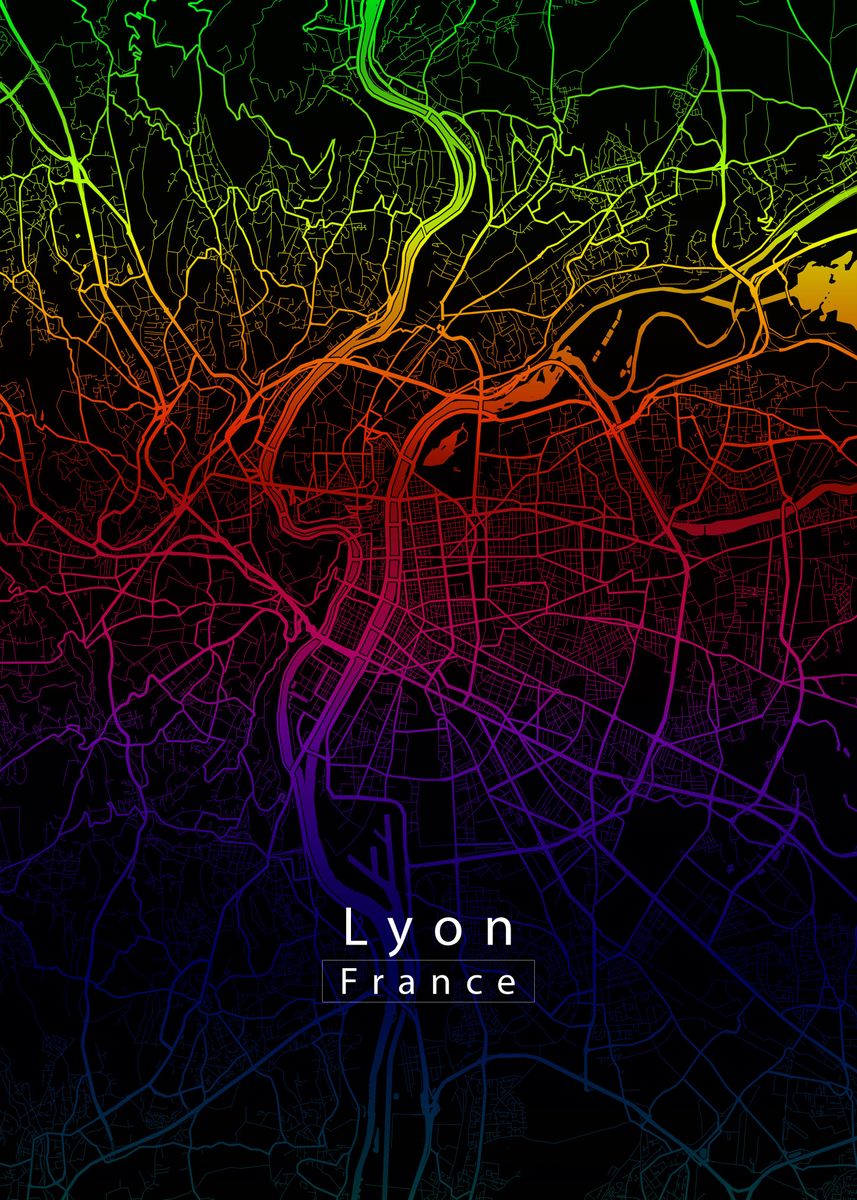 'Lyon City Map' Poster, picture, metal print, paint by Mapique | Displate