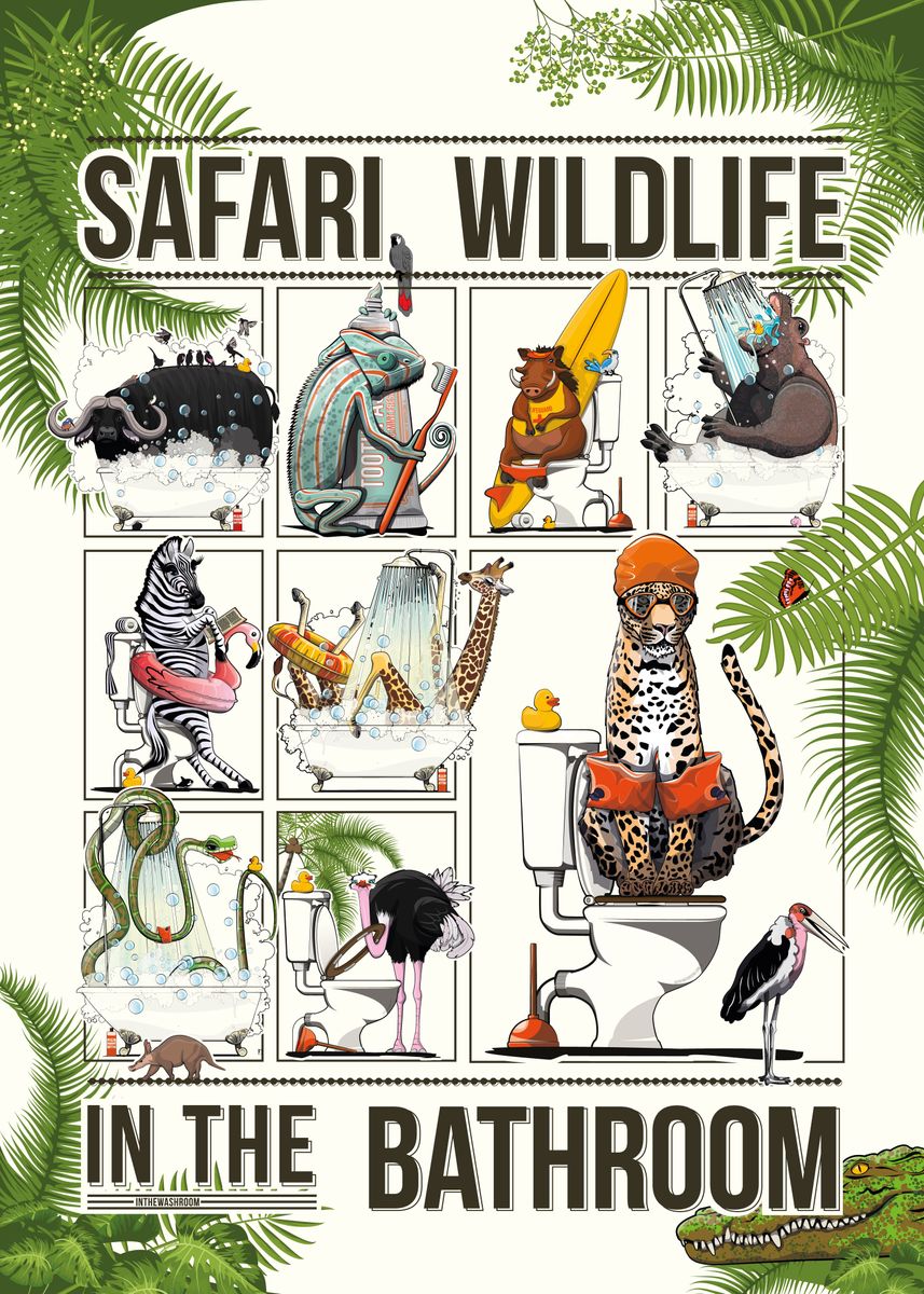 'Safari Animals Bathroom' Poster, picture, metal print, paint by ...