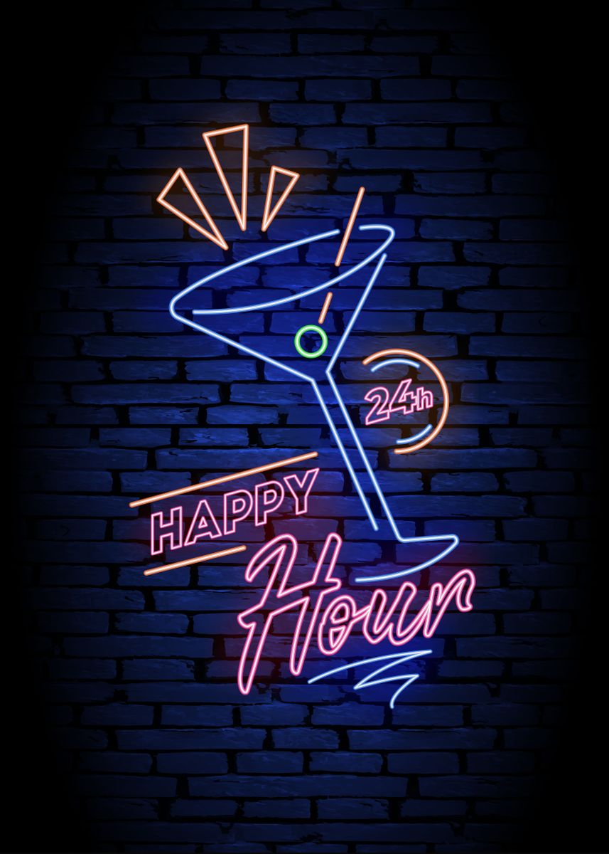 'Neon Happy Hour Beach Bar' Poster, picture, metal print, paint by ...