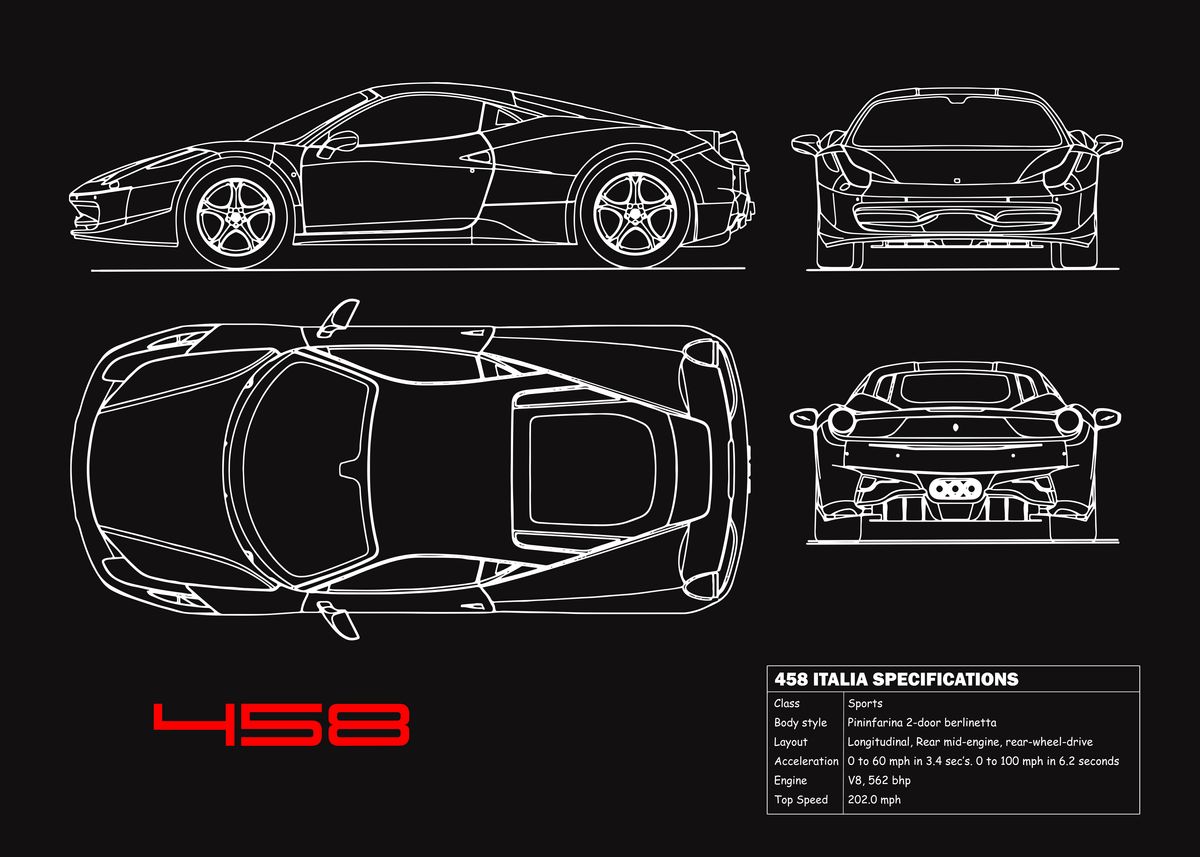 'The 458 Italia Blueprint' Poster by RogueDesign | Displate