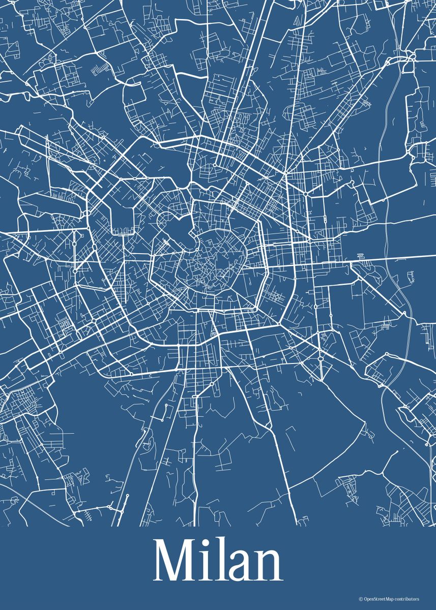 'Milan Italy Blue Map' Poster, picture, metal print, paint by Mappingz ...