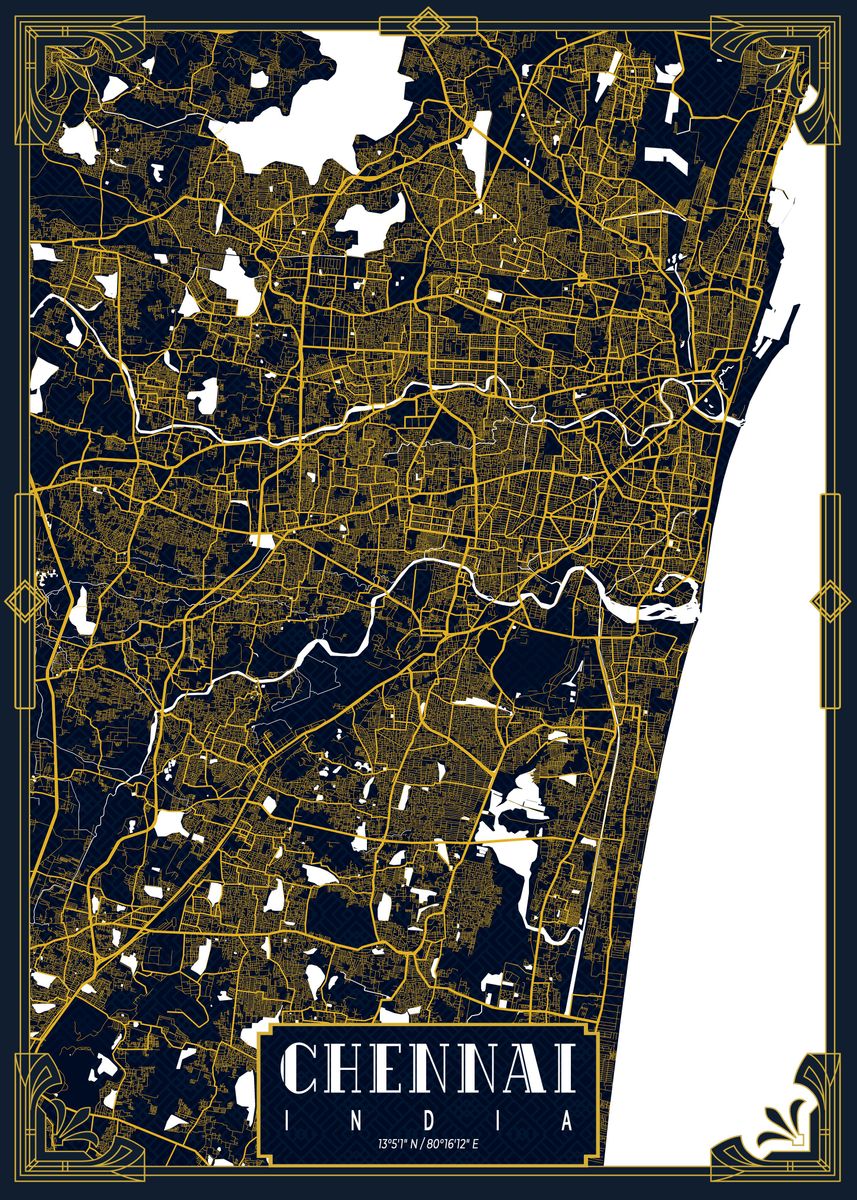 'Chennai City Map Gold' Poster, picture, metal print, paint by deMAP ...