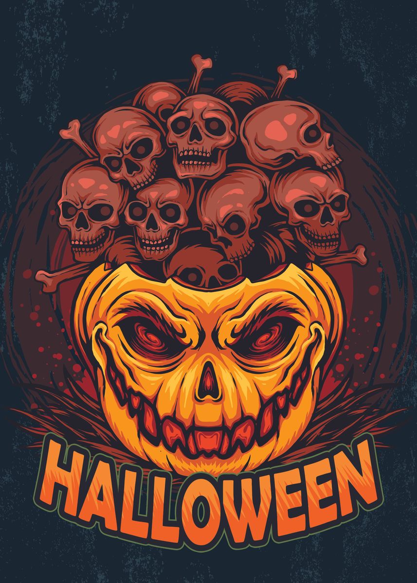 'Skull And Pumpkin Art' Poster, picture, metal print, paint by Hanabi Studio | Displate