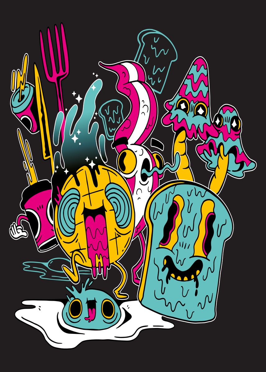 'Psychedelic breakfast' Poster, picture, metal print, paint by ...