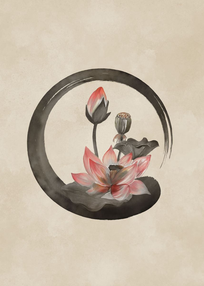 'Enso Zen Circle and Lotus' Poster, picture, metal print, paint by ...