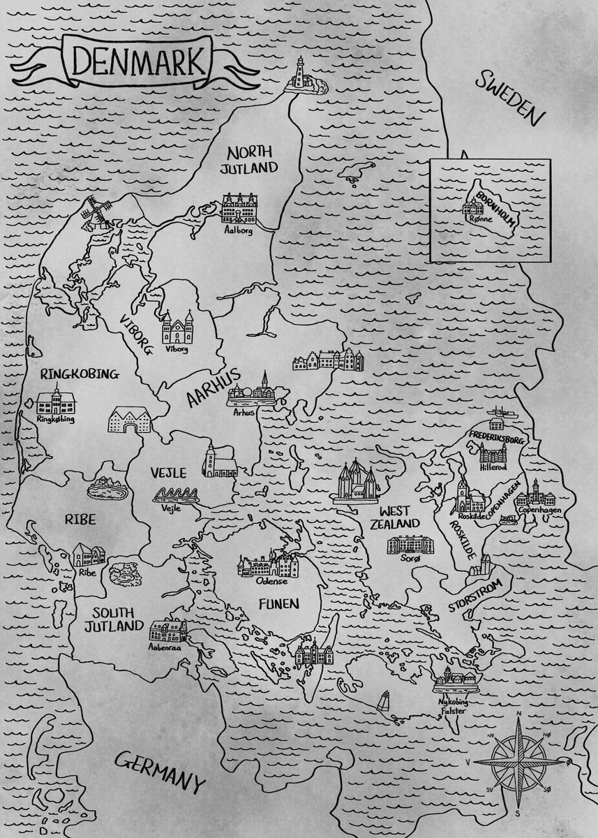 'Gray Vintage Denmark Map' Poster, picture, metal print, paint by ...