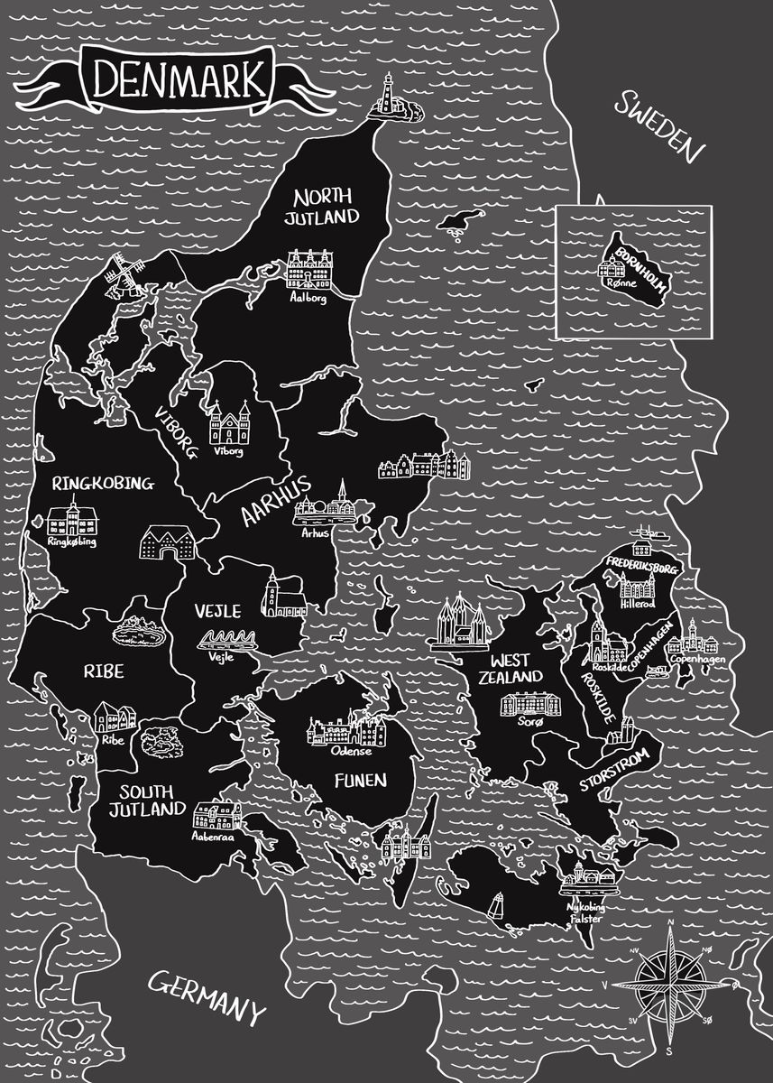 'Dark Map of Denmark' Poster, picture, metal print, paint by Sheridan T ...