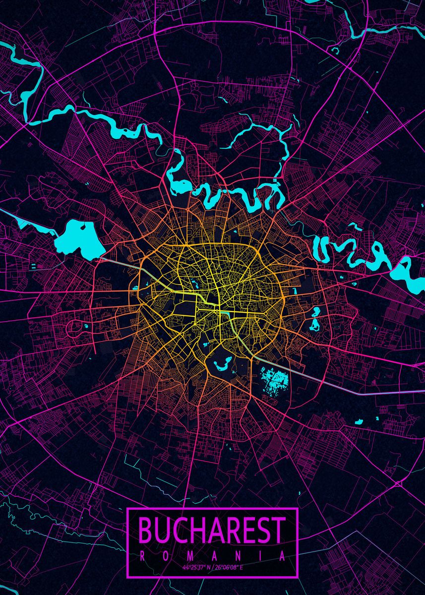 'Bucharest City Map Neon' Poster by deMAP Studio | Displate