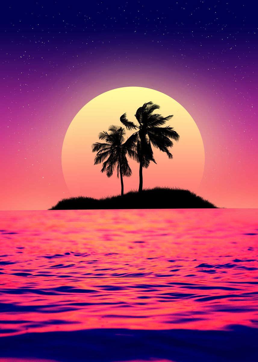 'beach sunset synthwave' Poster, picture, metal print, paint by INSPIRE ...