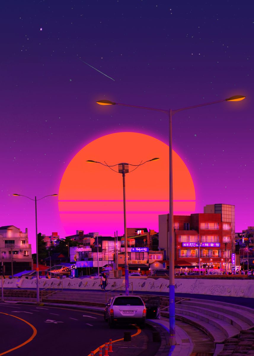 'Outrun Sunset' Poster, picture, metal print, paint by Yagedan | Displate
