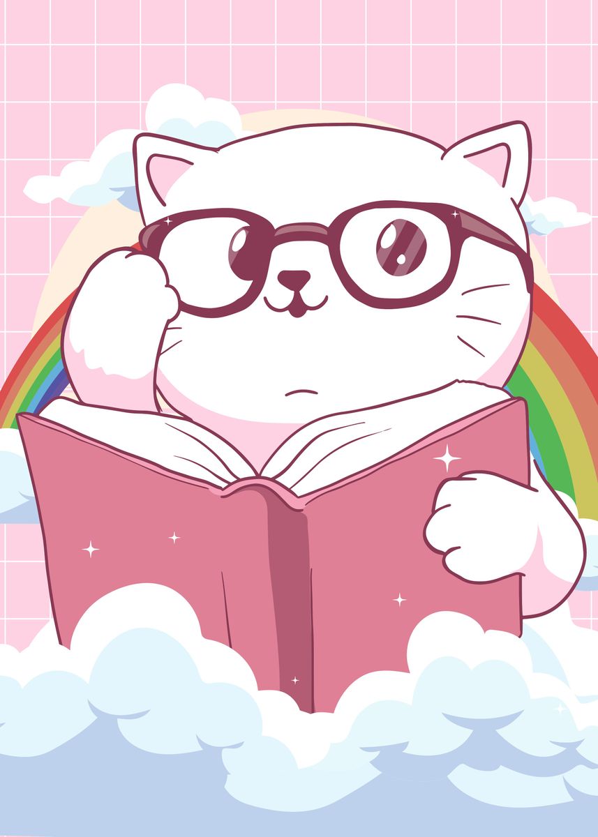 'Kawaii Cat Book Reader' Poster, picture, metal print, paint by ...