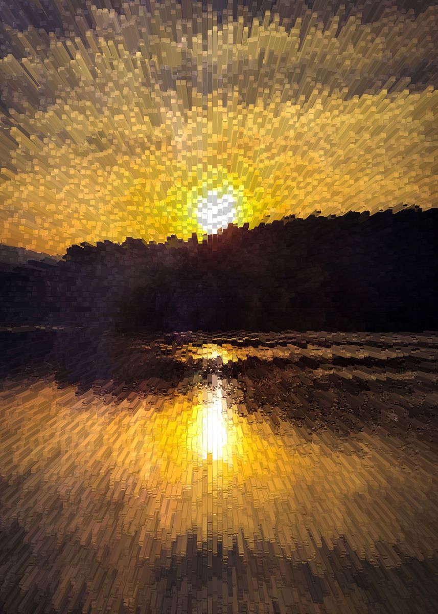 'Golden lake sunset pixels' Poster, picture, metal print, paint by Edy ...