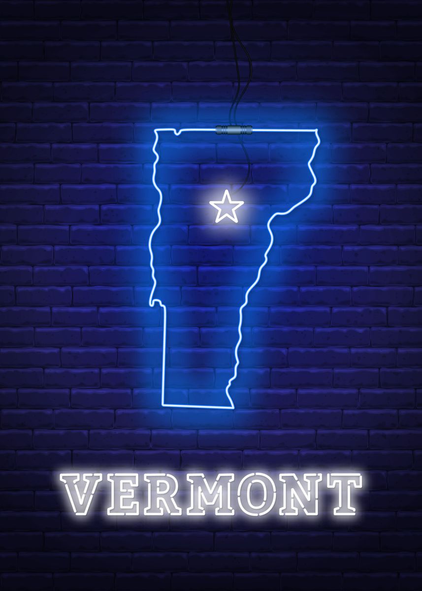 'Neon Vermont State Map' Poster, picture, metal print, paint by Lana ...