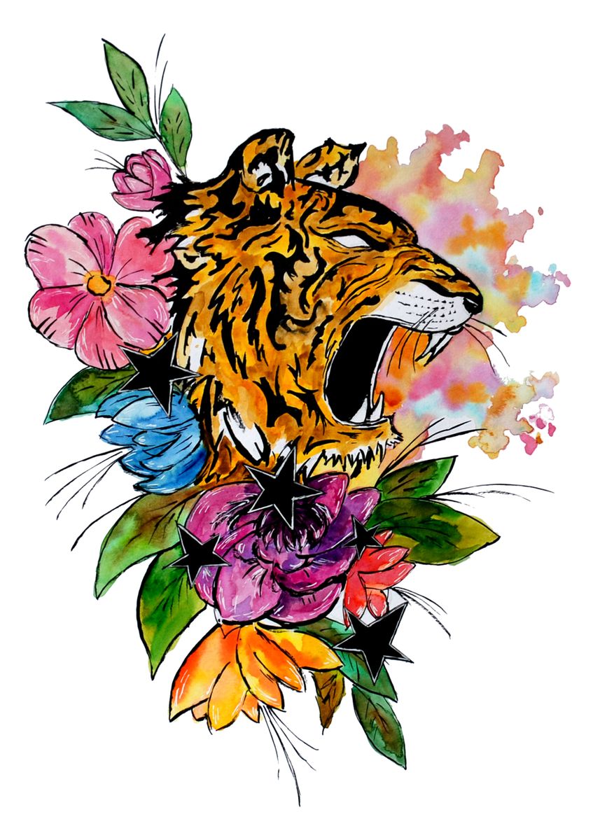 'Tiger and Flowers' Poster, picture, metal print, paint by Sebastian ...