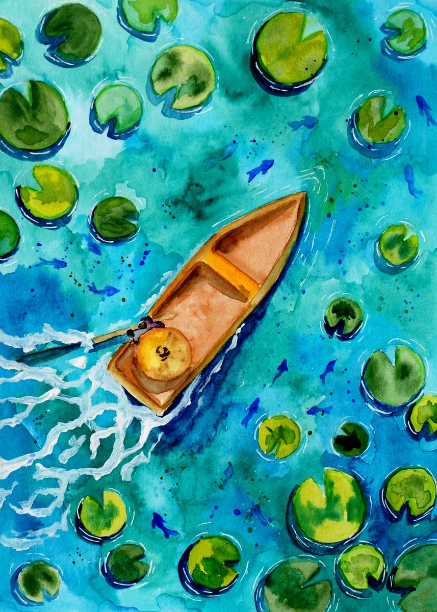 'Boat on Turquoise Lake' Poster, picture, metal print, paint by ...