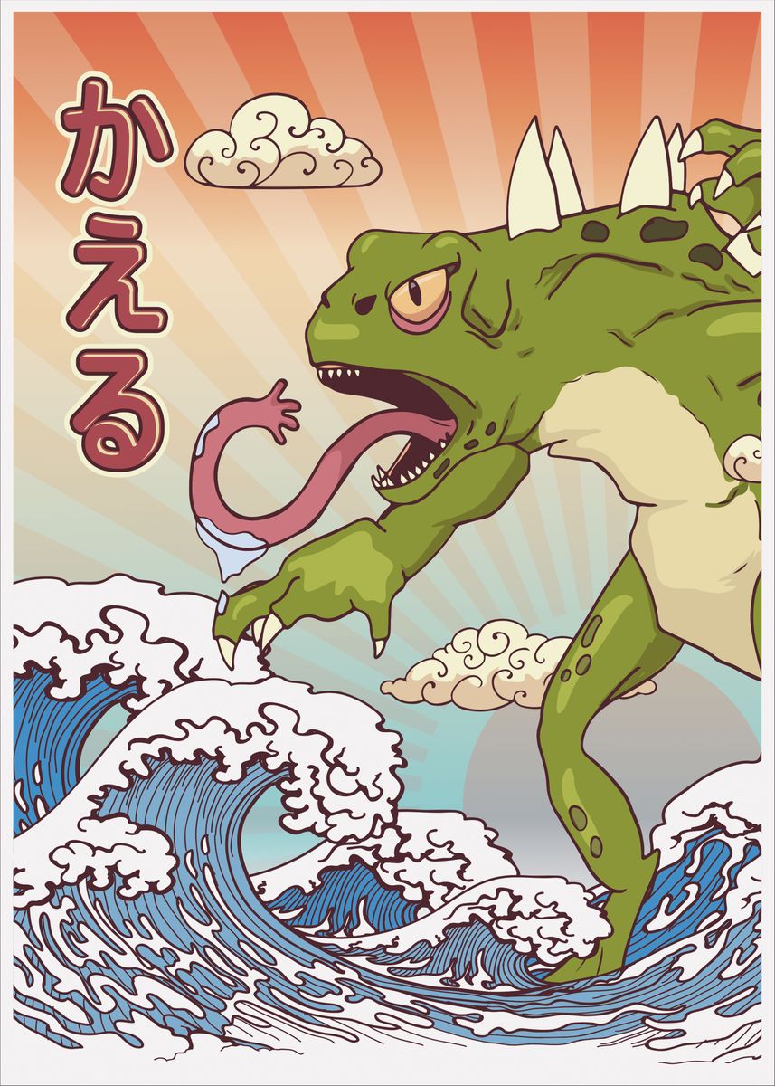 'Kaiju Frog Kanagawa Wave' Poster, picture, metal print, paint by ...