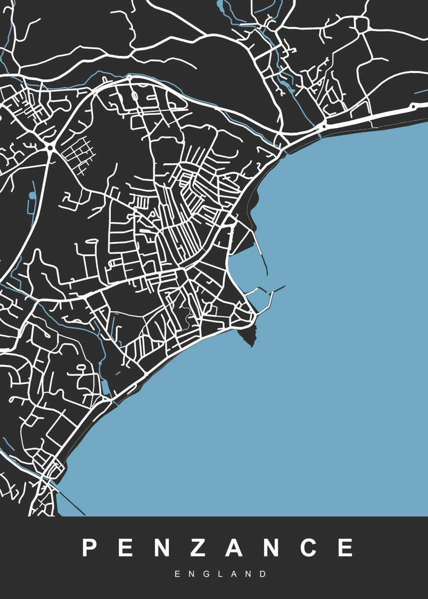 'PENZANCE Map England UK' Poster, picture, metal print, paint by ...