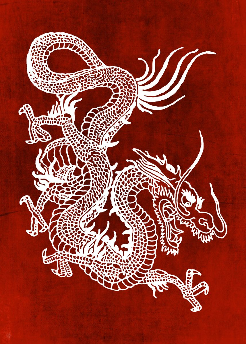 'Japanese Dragon Red White' Poster, picture, metal print, paint by John ...