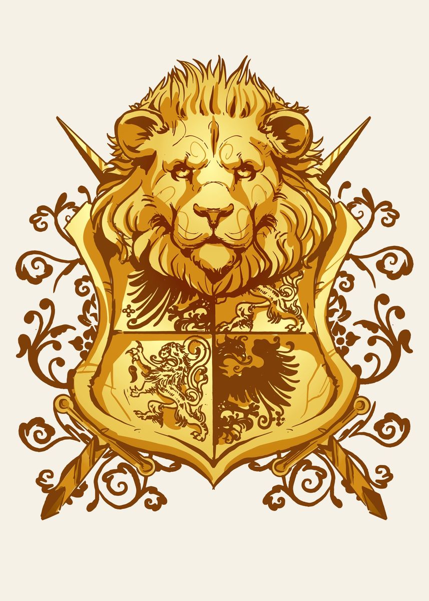 'Gold Lion Animal Shield' Poster, picture, metal print, paint by Max ...