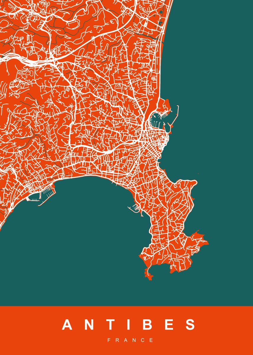 'ANTIBES Map FRANCE' Poster, picture, metal print, paint by UrbanMaps | Displate