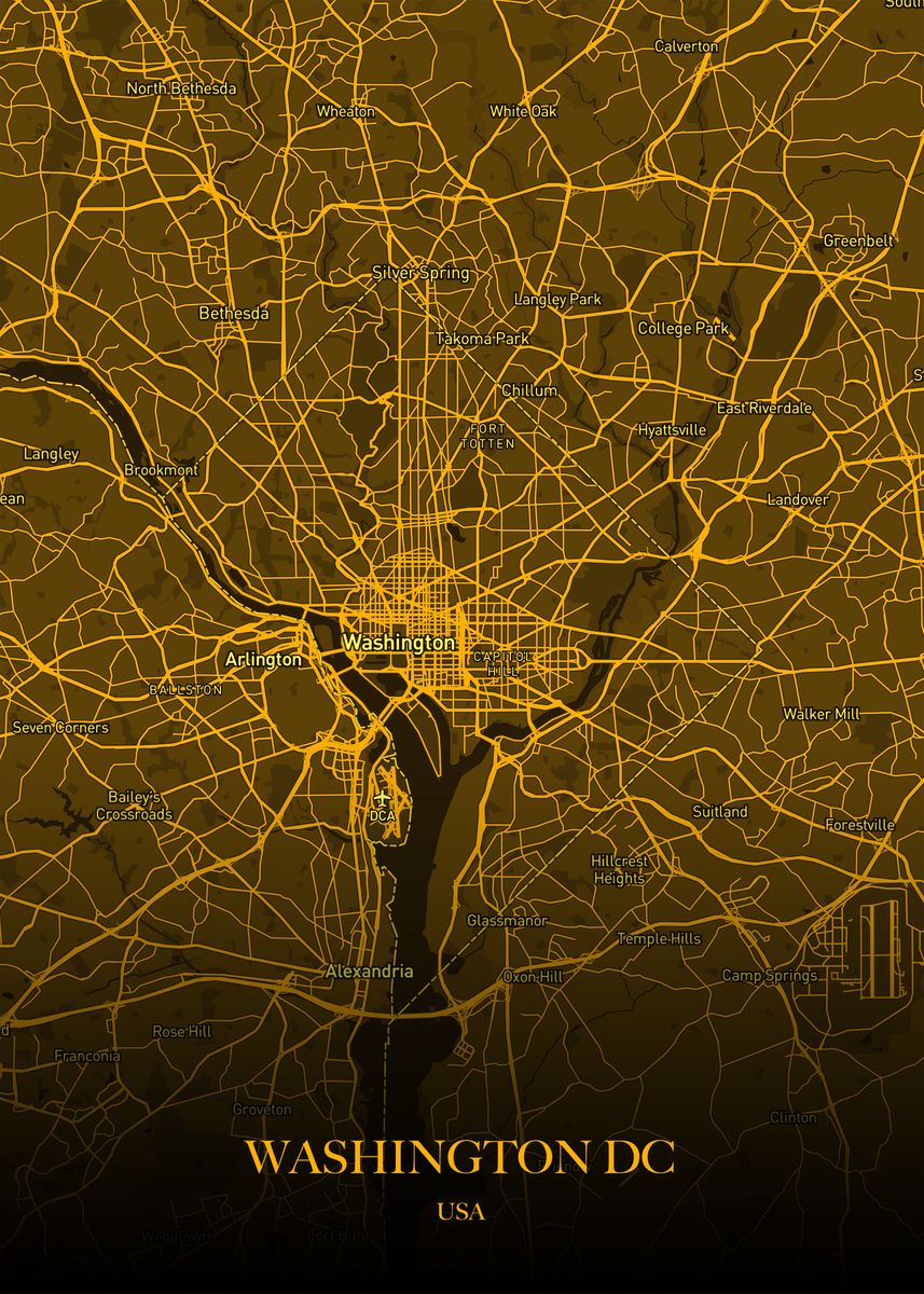 'Washington DC Gold Map' Poster, picture, metal print, paint by ...