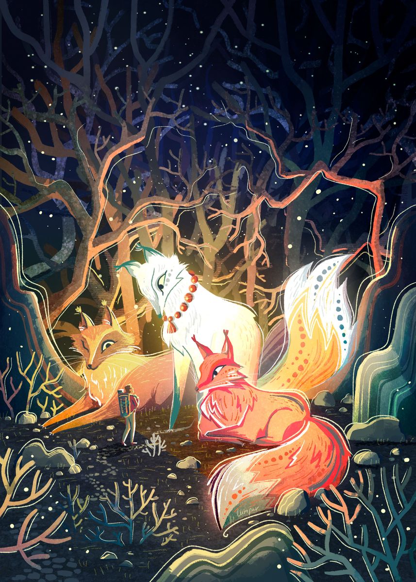 'Magic foxes' Poster, picture, metal print, paint by Evgenia Lumfur ...