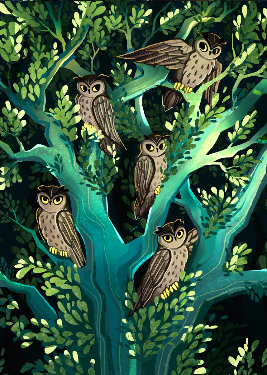 'Tree with owls' Poster, picture, metal print, paint by Evgenia Lumfur ...