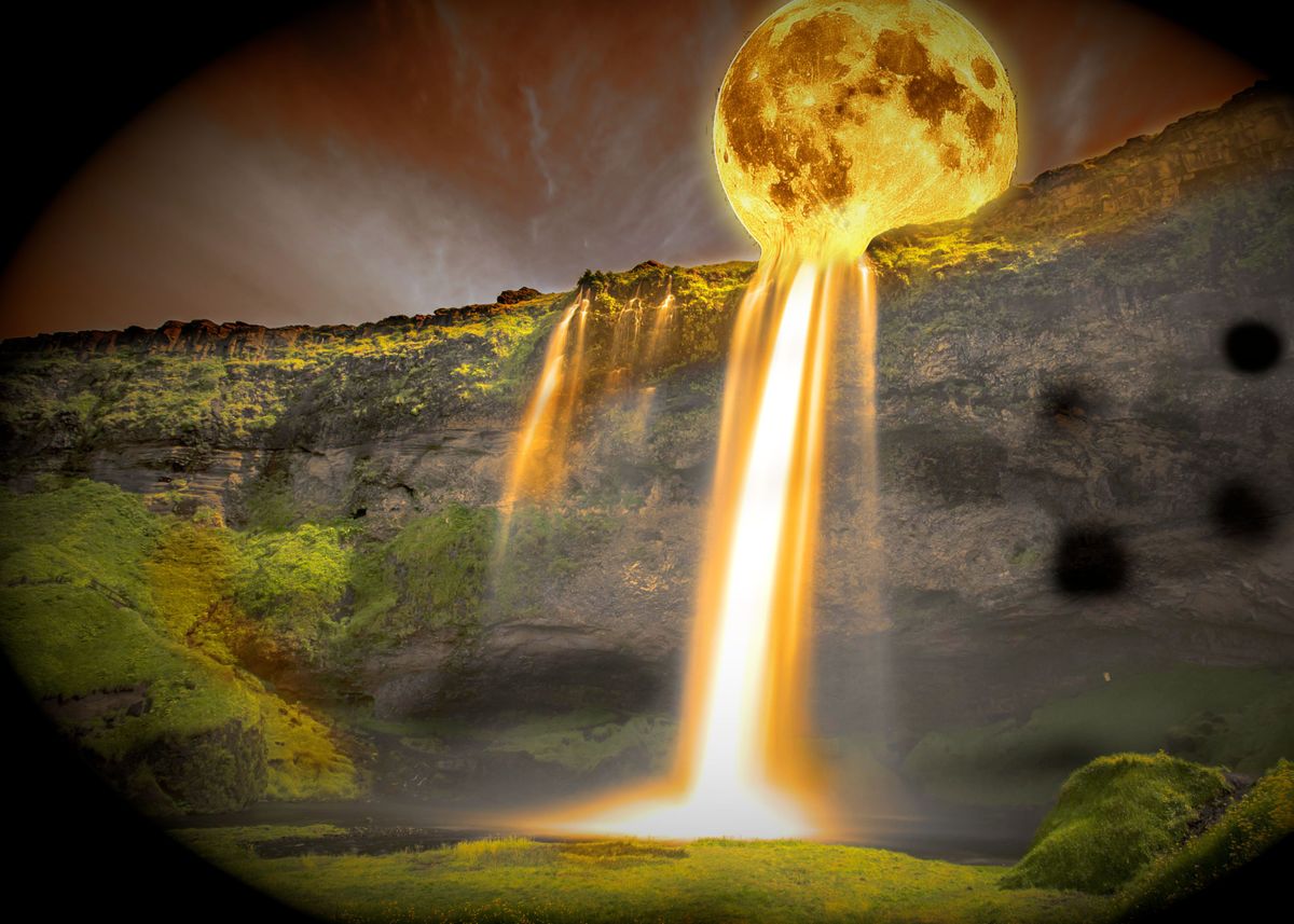 'Moon flowing in waterfall' Poster by Alkaner | Displate