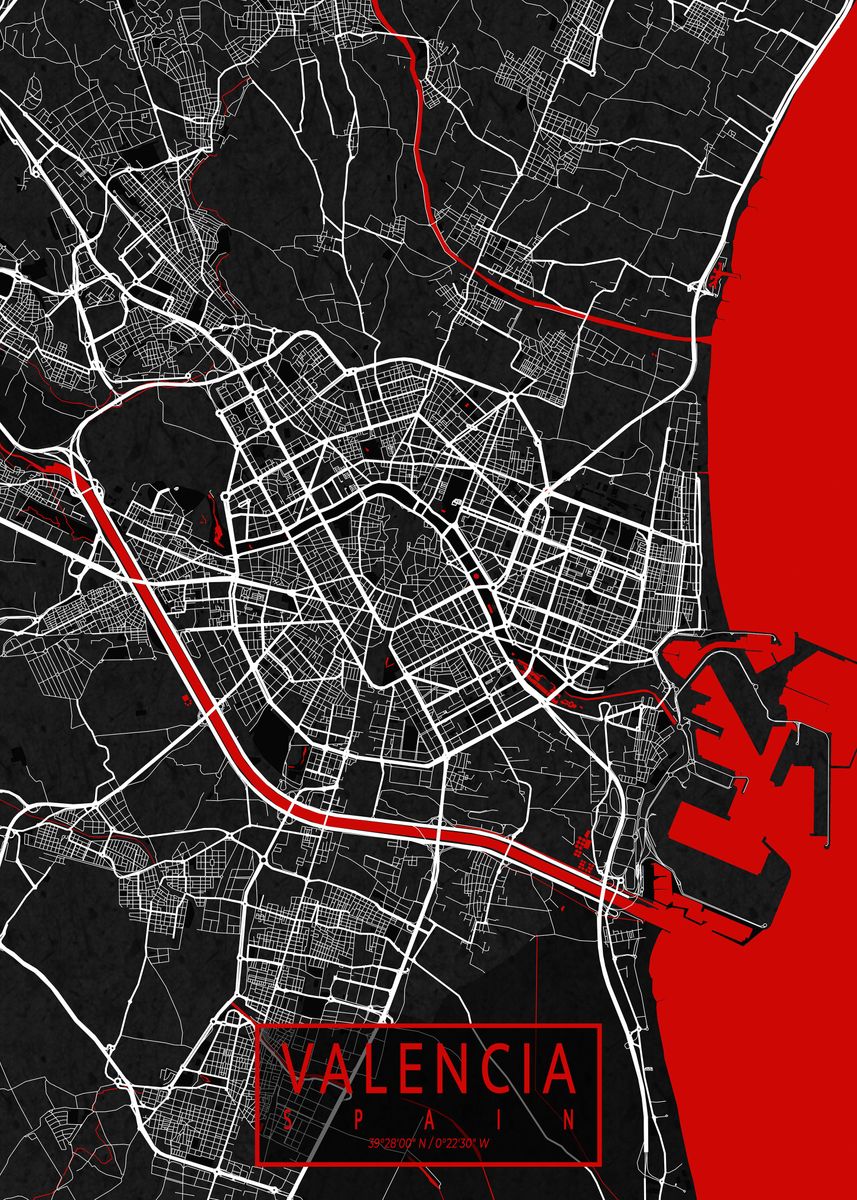 'Valencia City Map Oriental' Poster, picture, metal print, paint by ...