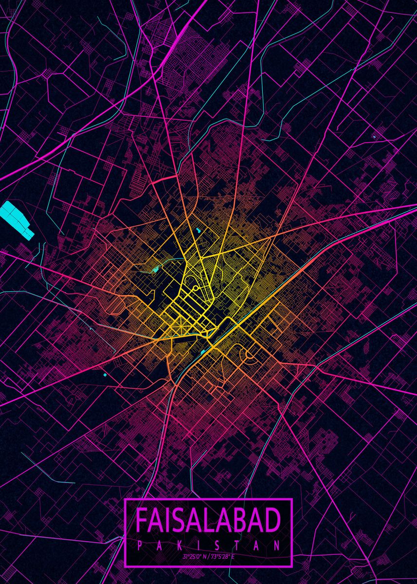 'Faisalabad City Map Neon' Poster by deMAP Studio | Displate