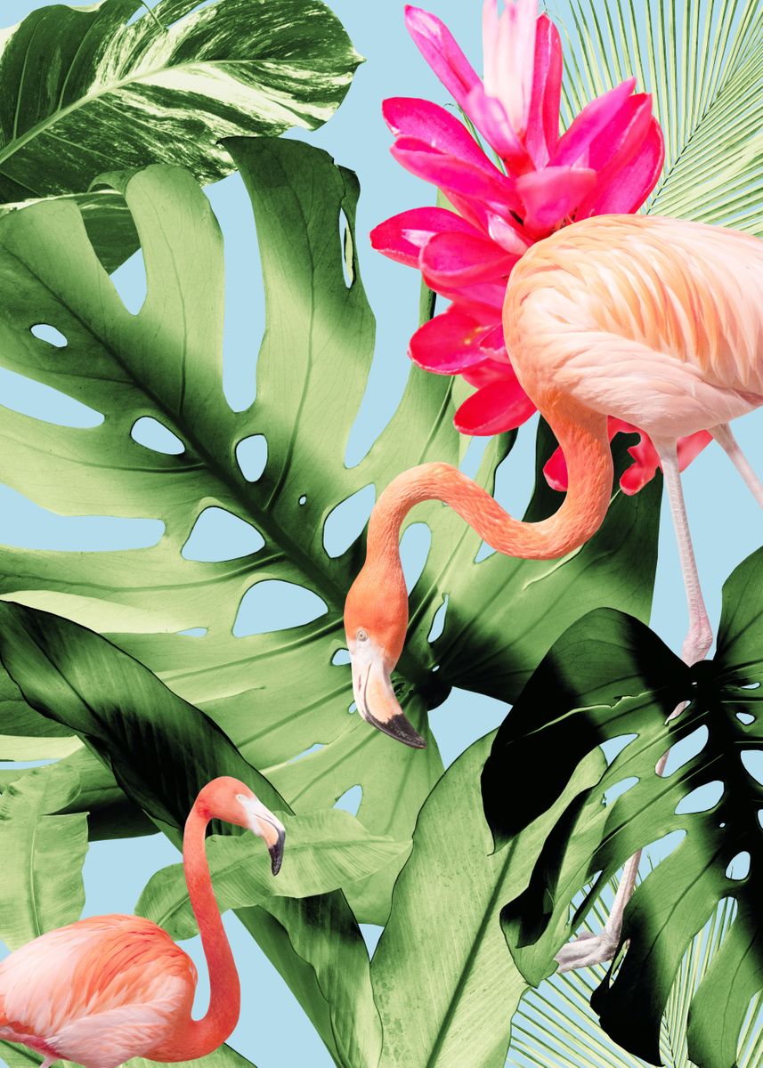 'Tropical Flamingo Oasis 1' Poster, picture, metal print, paint by ...