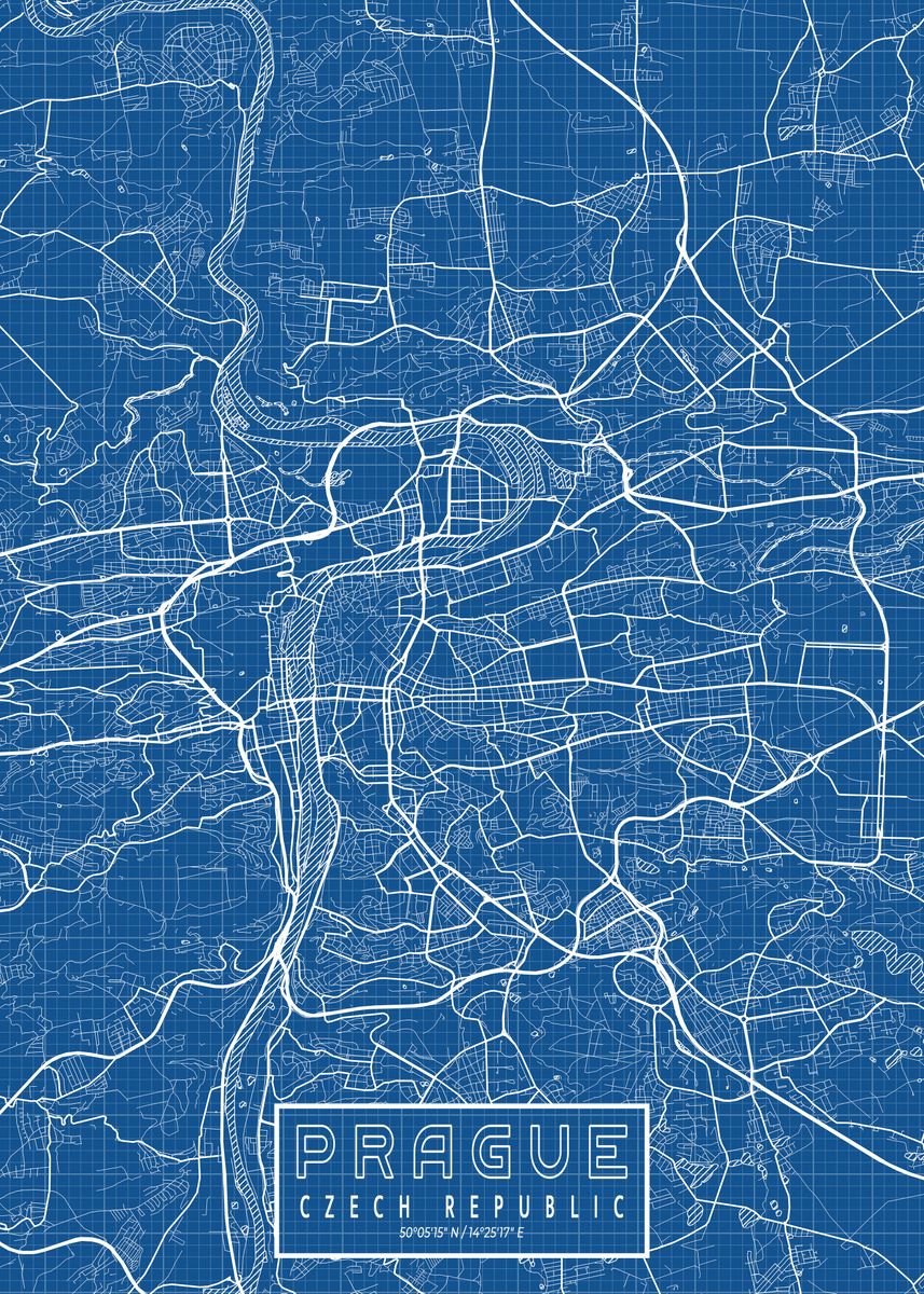 'Prague City Map Blueprint' Poster, picture, metal print, paint by deMAP Studio | Displate